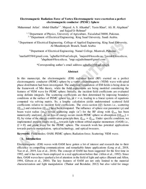 Pdf Electromagnetic Radiation Force Of Vortex Electromagnetic Wave Exerted On A Perfect