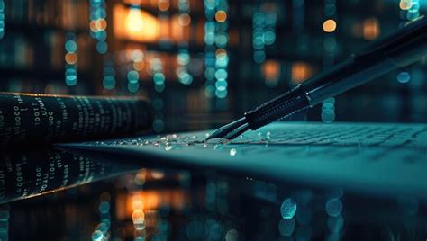 digital pen in warehouse with data visualizations binary code and