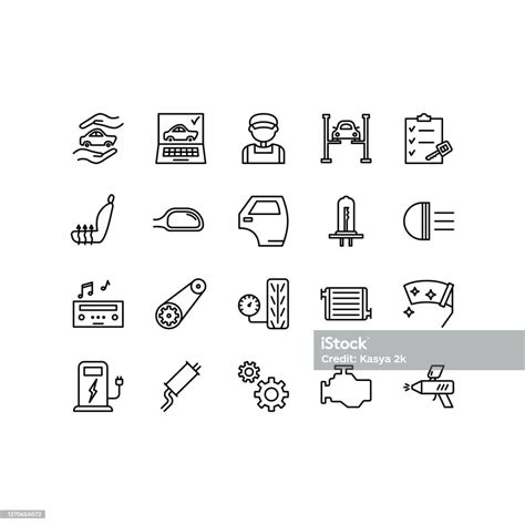 정비사 컴퓨터 진단 도구 바퀴 배터리 전송 잭의 자동차 수리 서비스 라인 아이콘 세트 모바일 개념 및 웹 앱의 요소입니다 표지판