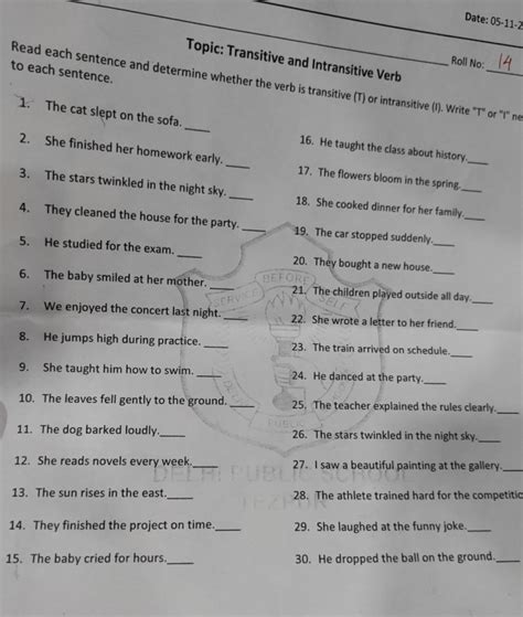 Date 05 11 2topic Transitive And Intransitive Verb To Each Sentence