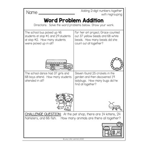 2nd Grade Math Worksheets 2 Digit Addition With Regrouping Word Problem Addition Lucky