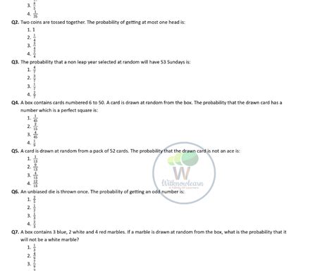 Probability Class 10 Worksheet With Solutions Including Mcqs