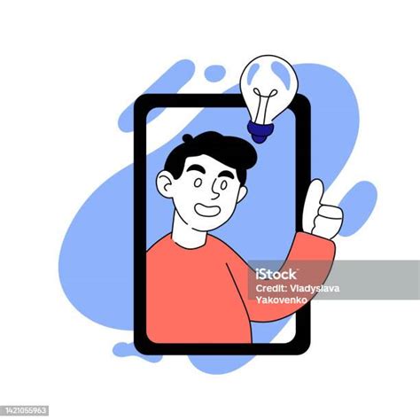 전구를 가진 사람의 벡터 일러스트레이션 창조적 인 아이디어 생각 생각 혁신 프레임 전화 모형 발명 사업가 문제 해결 창의력 개념 블루와 핑크 파스텔 색상 남자에 대한 스톡