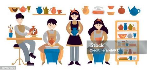 아이들은 도자기 바퀴에 꽃병을 만듭니다 도자기 바퀴와 도자기 기사 엽서 전단지 포스터의 일러스트 소년과 소녀는 수제 점토 냄비를 만듭니다 도자기 선반 개념에 대한 스톡 벡터