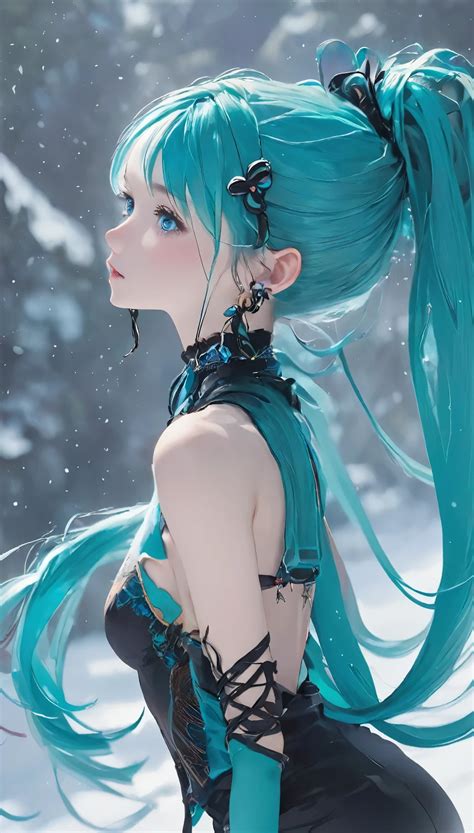 눈 속에서 파란 머리카락과 검은 상의를 입은 여자 Seaart Ai