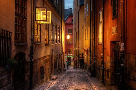 Gamla Stan Street In Stockholm Sweden Cozy Narrow Street At Dusk