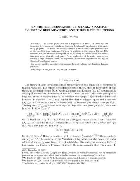 Pdf On The Representation Of Weakly Maxitive Monetary Risk Measures And Their Rate Functions