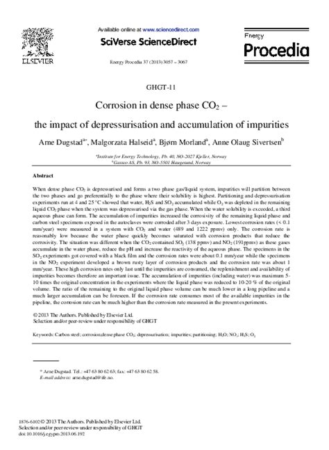 Pdf Corrosion In Dense Phase Co2 The Impact Of Depressurisation And Accumulation Of Impurities