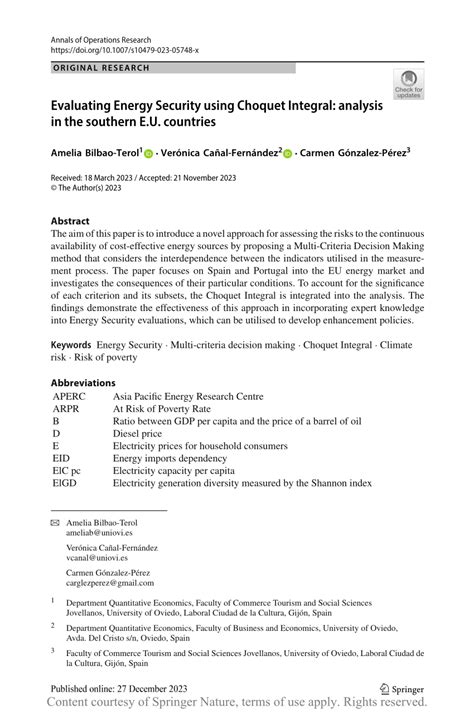 Pdf Evaluating Energy Security Using Choquet Integral Analysis In The Southern Eu Countries