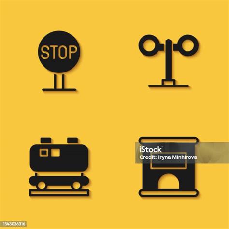 정지 표지판 매표소 구매 티켓 석유 철도 수조 및 긴 그림자가 있는 기차 신호등 아이콘을 설정합니다 벡터 거리에 대한 스톡 벡터