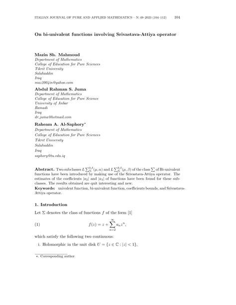 Pdf On Bi Univalent Functions Involving Srivatava Attiya Operator