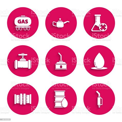 모터 기계 오일 배럴 가솔린 펌프 노즐 오일 드롭 산업 금속 파이프 및 밸브 부동 방지 테스트 튜브 및 철도 시스터 아이콘에 대한 캐니스터 설정 벡터 가솔린에 대한 스톡