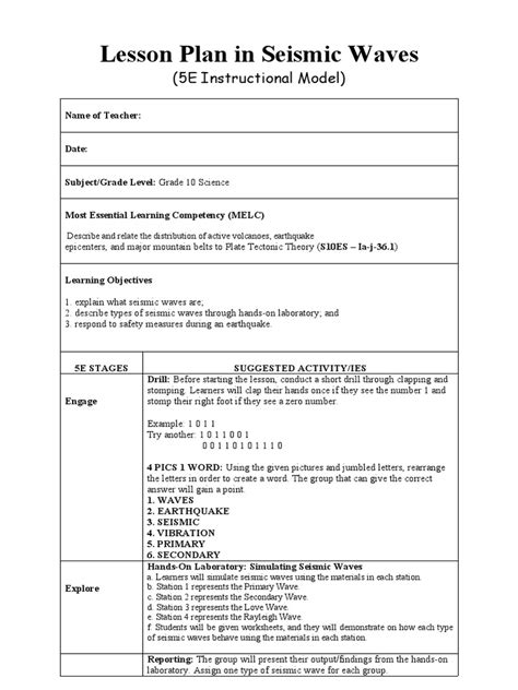 Lesson Plan In Seismic Waves Pdf Seismology Waves