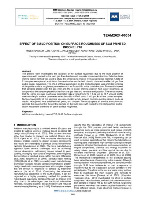 Effect Of Build Position On Surface Roughness Of Slm Printed Inconel 718 Mm Science Journal