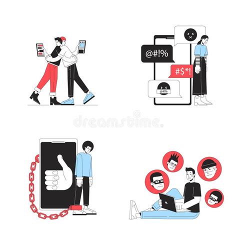 Dangers Of Using Internet Nowadays Line Concept Vector Spot Illustration Set Stock Vector