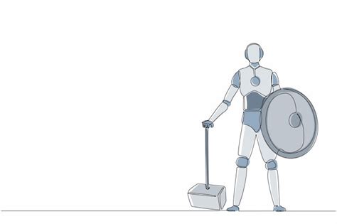 Premium Vector Continuous One Line Drawing Robots Stands Holding Big Hammer And Shield