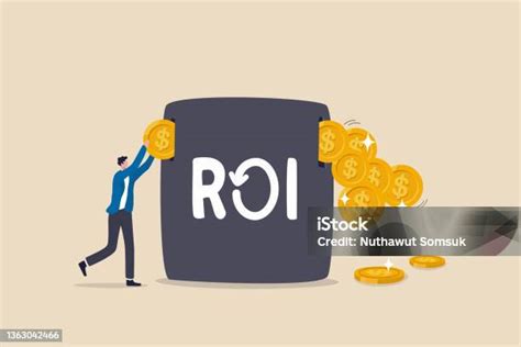 Roi 투자 및 수익 효율성에서 투자 성과 측정 캠페인 성공 개념을 얻기 위한 마케팅 비용 사업가는 Roi 상자에 머니 코인을 투자하여 수익을 얻습니다 투자수익률에 대한