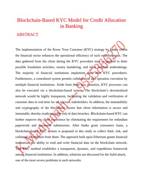 Blockchain Based Kyc Model For Credit Allocation In Banking Pdf
