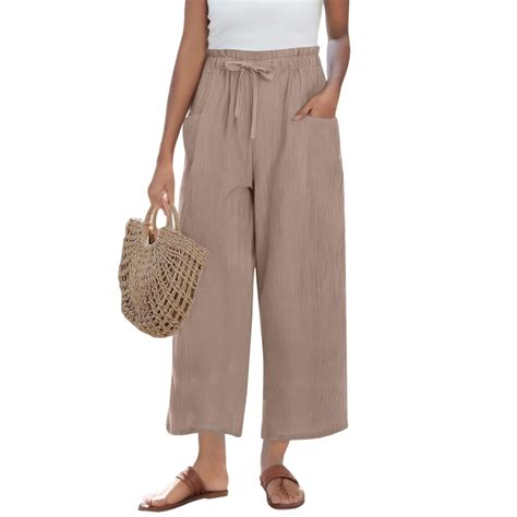 Plus Size Linen Capri Pants For Women High Waist Drawstring Wide Leg