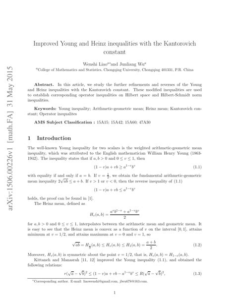 Pdf Improved Young And Heinz Inequalities With The Kantorovich Constant