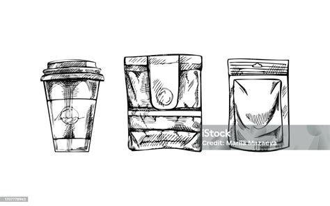 종이 도시락 음식 공예 상자 패키지 종이 지퍼 패키지 테이크 아웃 컵의 손으로 그린 스케치 컬렉션 아침 식사 또는 스낵 일러스트레이션을 빼앗을 수 있는 현실적인 격리 팩
