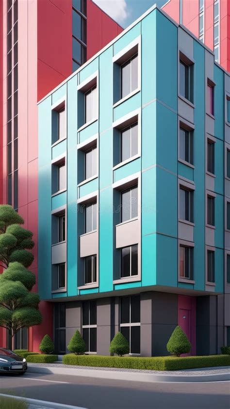 Modern Urban Architecture With Colorful Geometric Building Facade Stock