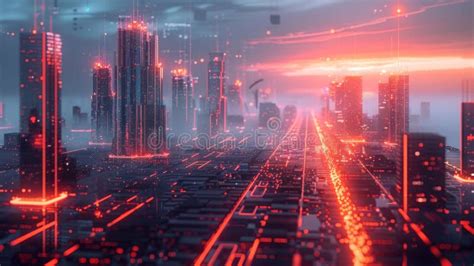 A Digital Background Featuring A Futuristic Cityscape With Glowing Lines And Data Streams Stock