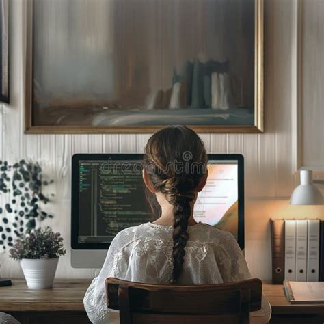 Young Girl Programming At Her Computer Back View In The Bedroom Concept