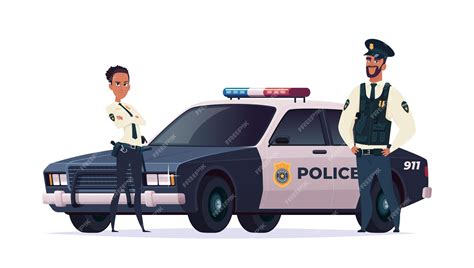 아프리카계 미국인 경찰 남자와 여자 팀입니다 흰색 바탕에 경찰차와 함께 공공 안전 책임자 캐릭터 법과 질서의 수호자 프리미엄 벡터