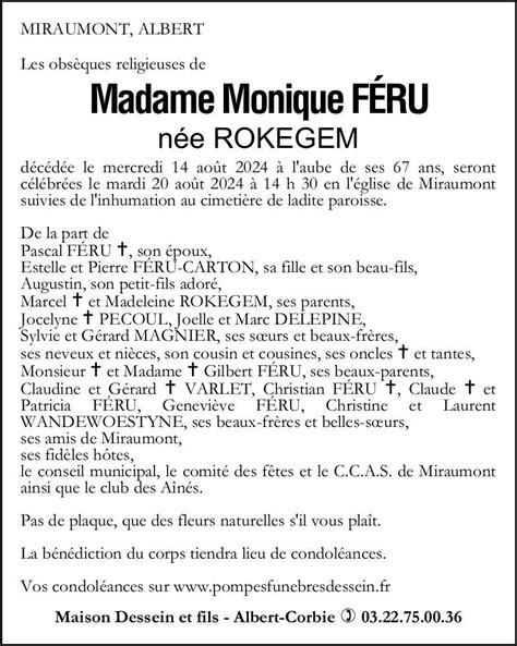 Madame Monique FÉru Née Rokegem Pompes Funèbres Dessein