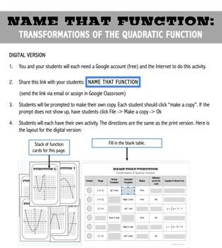 Transformations Of Quadratic Functions Matching Activity Vertex Form