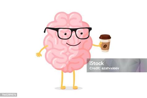 안경과 만화 스마트 행복 미소 인간의 두뇌 캐릭터컵 뜨거운 음료 커피 또는 차를 보유 중추 신경계 장기는 좋은 아침 재미있는 개념을 깨워 벡터 일러스트레이션 커피 마실 것에