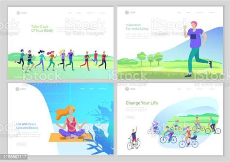 실행 그룹 사람들과 방문 페이지 템플릿 요가 운동을하고 여자 남자 실행 그룹 사이클링 치유 생활 개념 자연에서 스포츠 야외 활동을 수행하는 사람들 만화 Mental