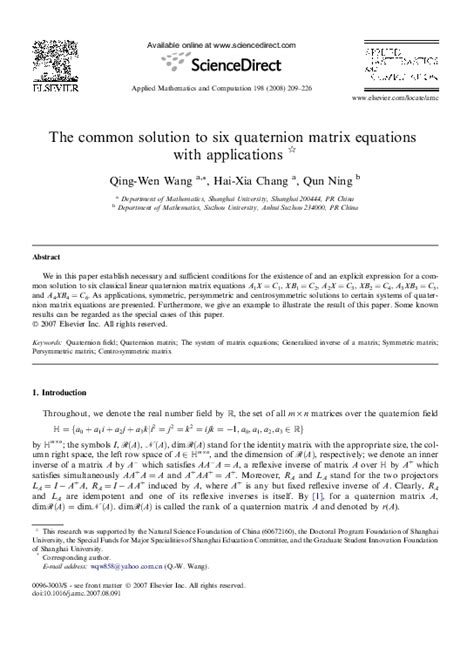 Pdf The Common Solution To Six Quaternion Matrix Equations With