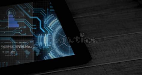 Animation Of Blue Circular Scanner And Processing Data On Screen Of Tablet On Wooden Boards