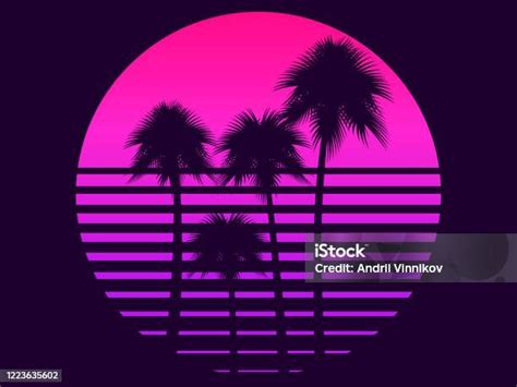 일몰에 80 년대 복고풍 공상 과학 야자수 야자수와 복고풍 미래 지향적 인 태양 여름 시간입니다 신스 웨이브와 레트로 웨이브 스타일 벡터 일러스트레이션 복고풍에 대한 스톡