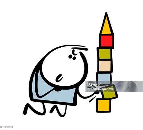 소년은 악의적으로 킥킥거리며 큐브 건물을 부숴버린다 다른 누군가 장난감 탑을 파괴하는 아이의 벡터 그림 만화 남자는 흰색 배경에 고립되어 있습니다 건축하기에 대한 스톡 벡터