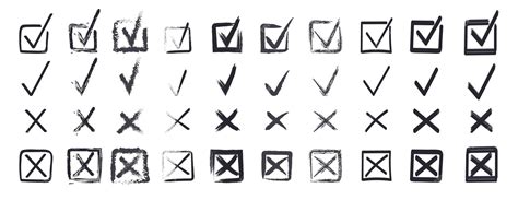 확인 및 크로스 마크 벡터 세트 마커 크로스 브러시 기호 Ok 및 손으로 그린 스타일의 X 아이콘 슈퍼 체크 표시 손으로 그린