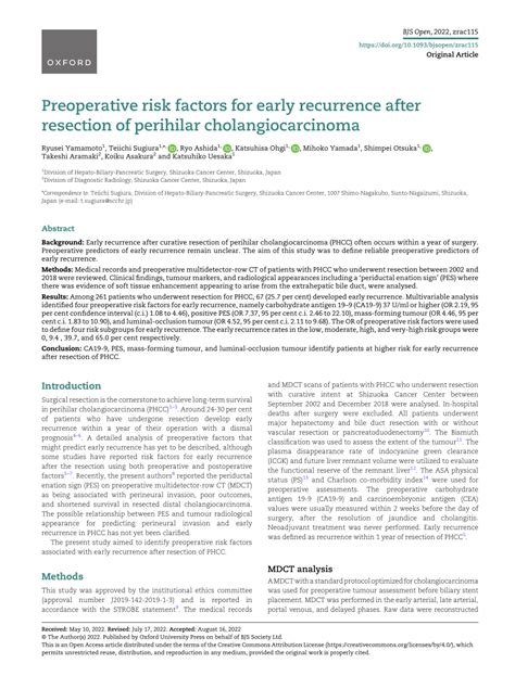 Pdf Preoperative Risk Factors For Early Recurrence After Resection Of Perihilar Cholangiocarcinoma