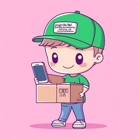 Cute Delivery Guy Holding Smartphone Premium Ai Generated Vector