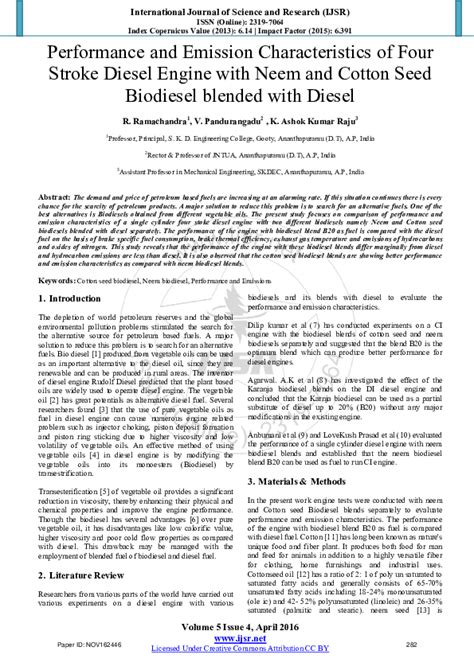 Pdf Performance And Emission Characteristics Of Four Stroke Diesel Engine With Neem And Cotton