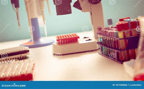 Scientific Experiment In Microbiological Lab Microscope And Test Tube Stock Photo Image Of
