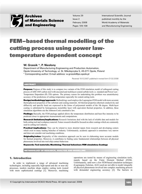Pdf Fem Based Thermal Modelling Of The Cutting Process Using Power