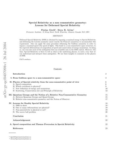 Pdf Special Relativity As A Non Commutative Geometry Lessons For