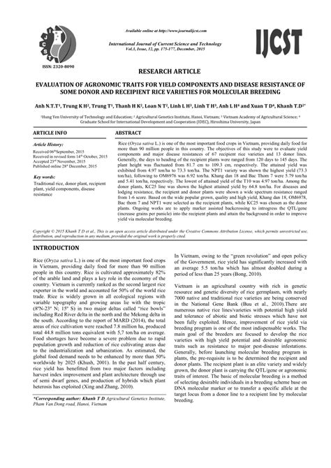 Pdf Evaluation Of Agronomic Traits For Yield Components And Disease