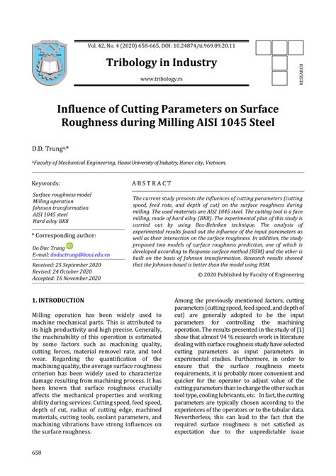 Pdf Influence Of Cutting Parameters On Surface Roughness During Milling Aisi 1045 Steel
