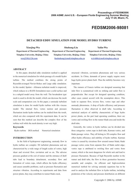 Pdf Detached Eddy Simulation For Model Hydro Turbine