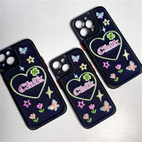칙 Chik 당일제작 데님 하이틴 야광자수 핸드폰 케이스 주문제작 레터링 아이폰 14 갤럭시 Z플립 위시버킷