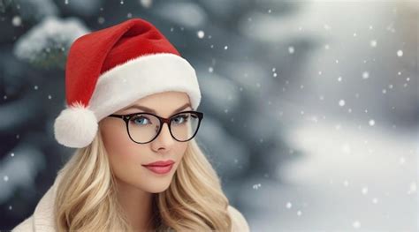 Premium Photo Portrait Of A Beautiful Blonde Hair Female Wearing Glasses And Santa Hat