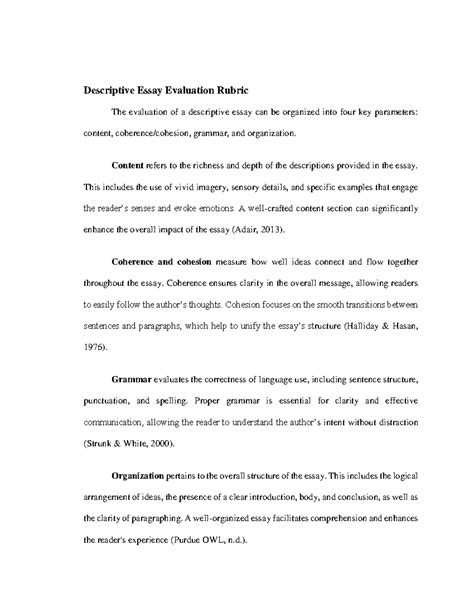 Descriptive Essay Evaluation Rubric Content Refers To The Richness